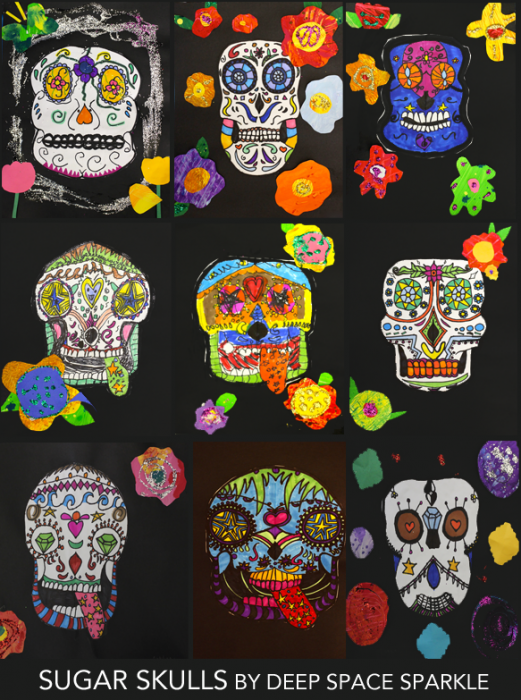 Sugar Skull Line Drawings & Collage | Deep Space Sparkle